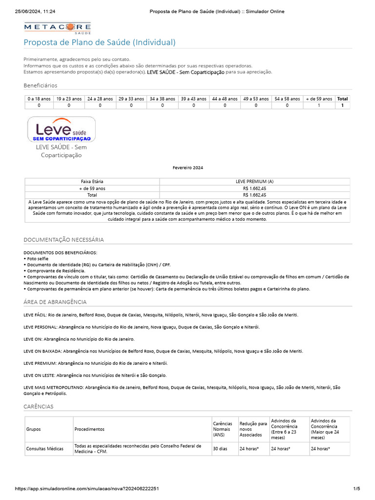 Proposta de Plano de Saúde (Individual) - Simulador Online Leve Premium Individual | PDF | Rio ...