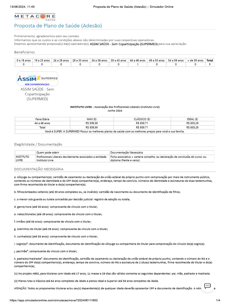 Proposta de Plano de Saúde (Adesão) - Simulador Online Assim Saude Max-Classico-Ideal | PDF ...