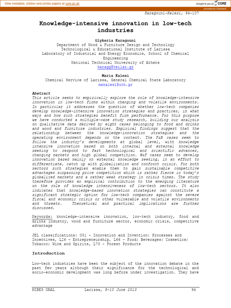 Knowledge-Intensive Innovation in Low-Tech | PDF | Innovation ...