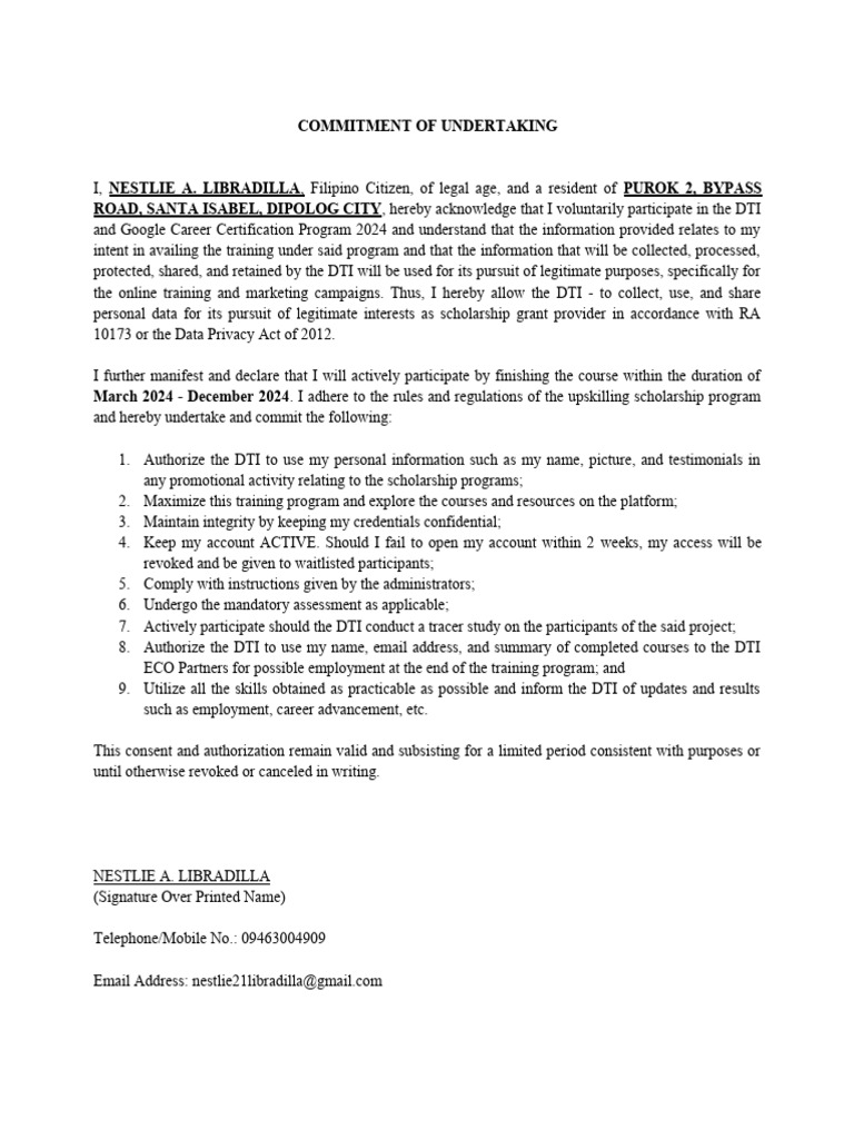 DTI Google Scholarship Commitment Form | PDF