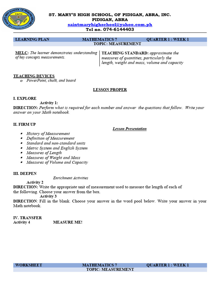 2ND Math 7 Week 1 | PDF | Volume | Weight