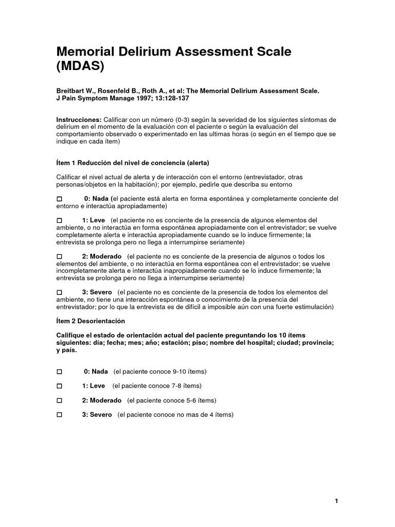 Escala de Evaluación del Delirium MDAS | PDF | Pensamiento | Dormir
