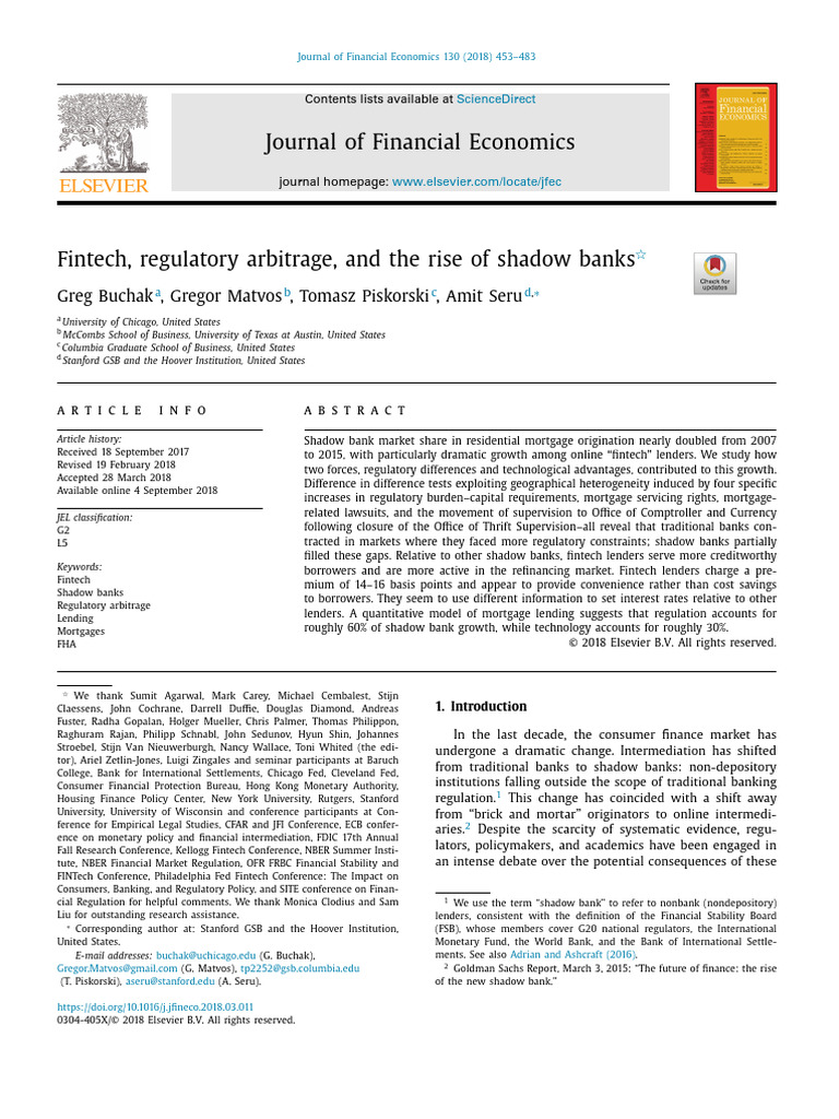 Fintech Regulatory Arbitrage and The Rise of Shadow Banks - Buchak - Matvos - Piskorski - Seru ...