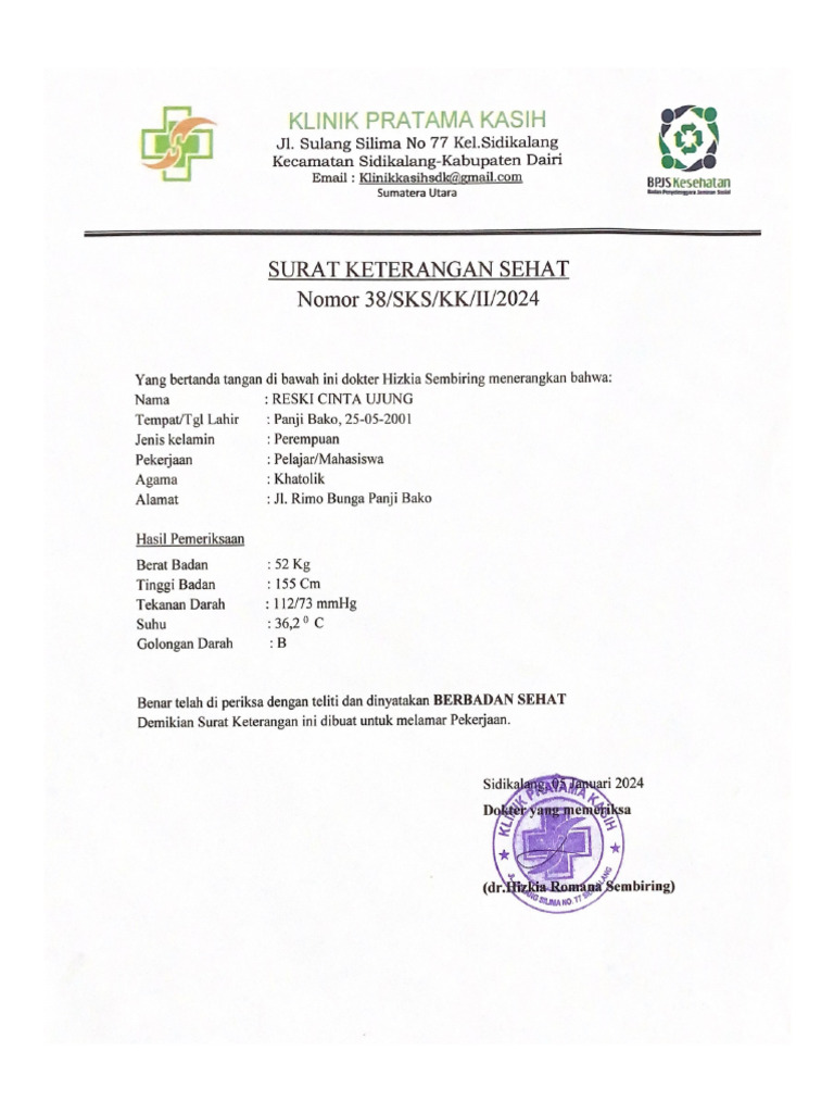 Surat Sehat Reski Cintia Ujung. | PDF