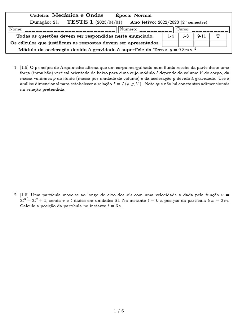 2022-2023 Exame en Freq1 Resolvido | PDF | Velocidade | Flutuabilidade