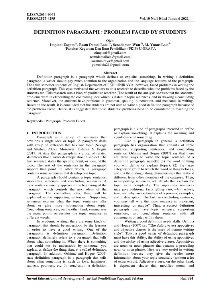 Student Challenges in Writing Definition Paragraphs | PDF | Sentence ...