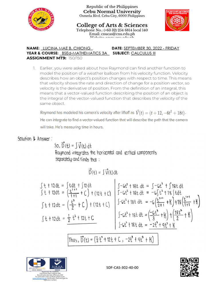 Calculus III Assignment Overview | PDF | Function (Mathematics) | Velocity