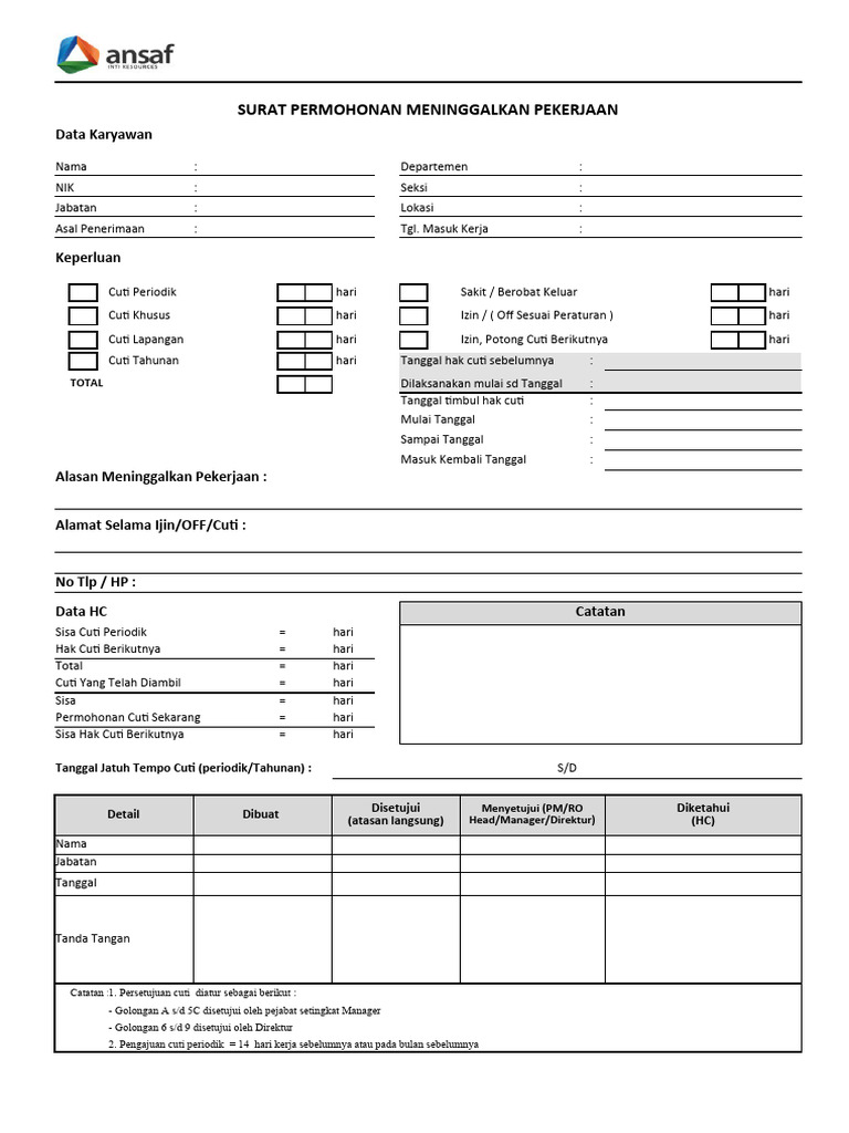 Surat Permohonan Cuti Karyawan | PDF