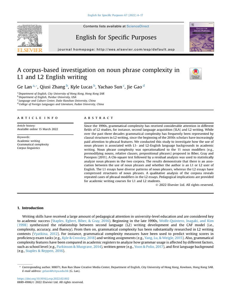 A Corpus Based Investigation On Noun Phrase Complexity In L1 And L2