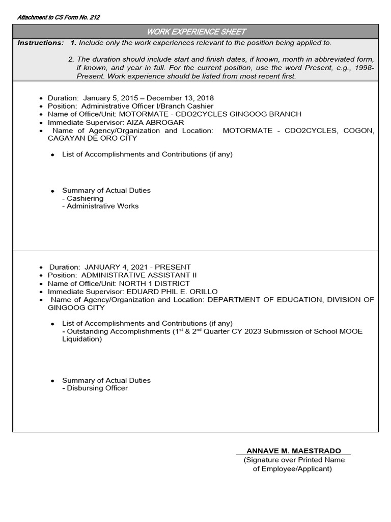 CS Form No 212 Work Experience Sheet | PDF