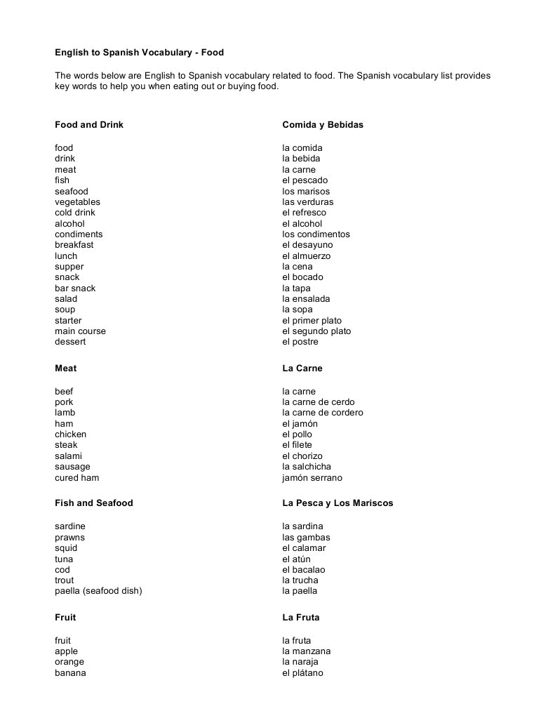 Vocabulary Food | PDF | Cocinando | Comida y bebida