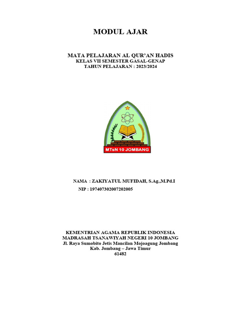 Modul Ajar Quran Hadis Kelas VII 2023 | PDF