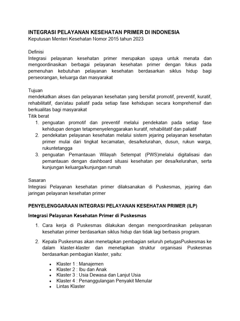 Integrasi Pelayanan Kesehatan Primer Di Indonesia 2024 | PDF