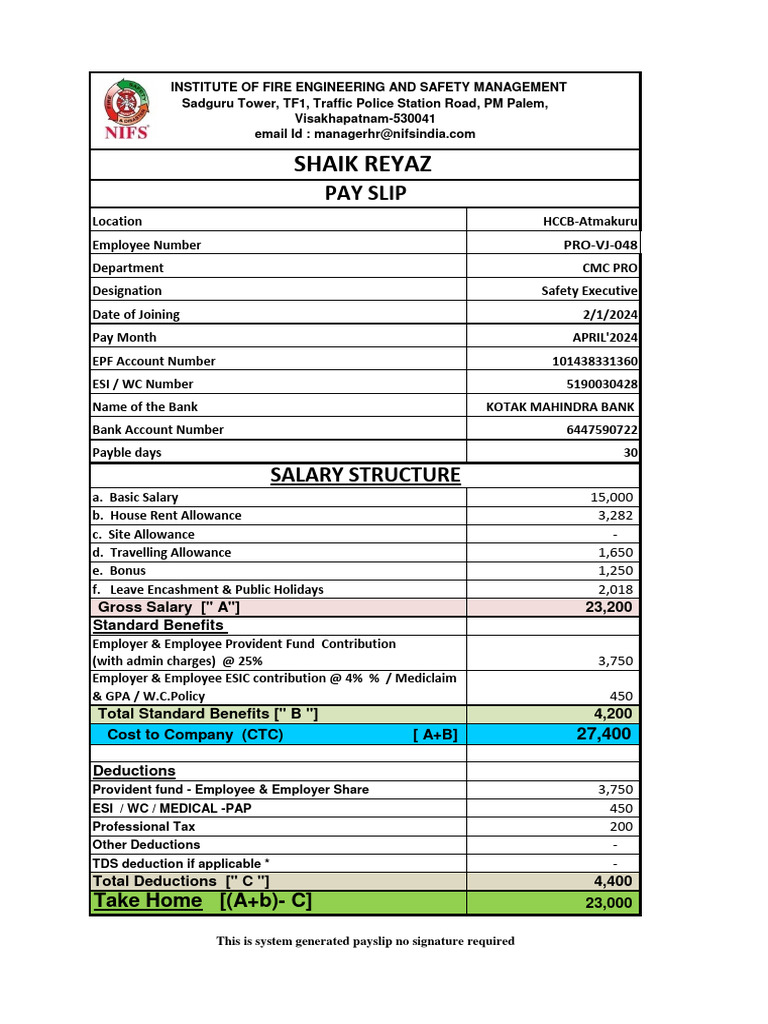 HCCBPL Shaik Reyaz April 24 Payslip | PDF | Paycheck | Taxation