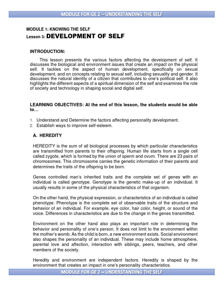 MODULE 1 - Lesson 3 Development of Self | PDF | Adolescence | Heredity