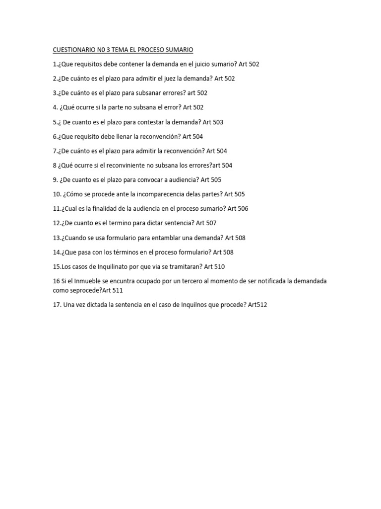 Cuestionario Proceso Sumario | PDF