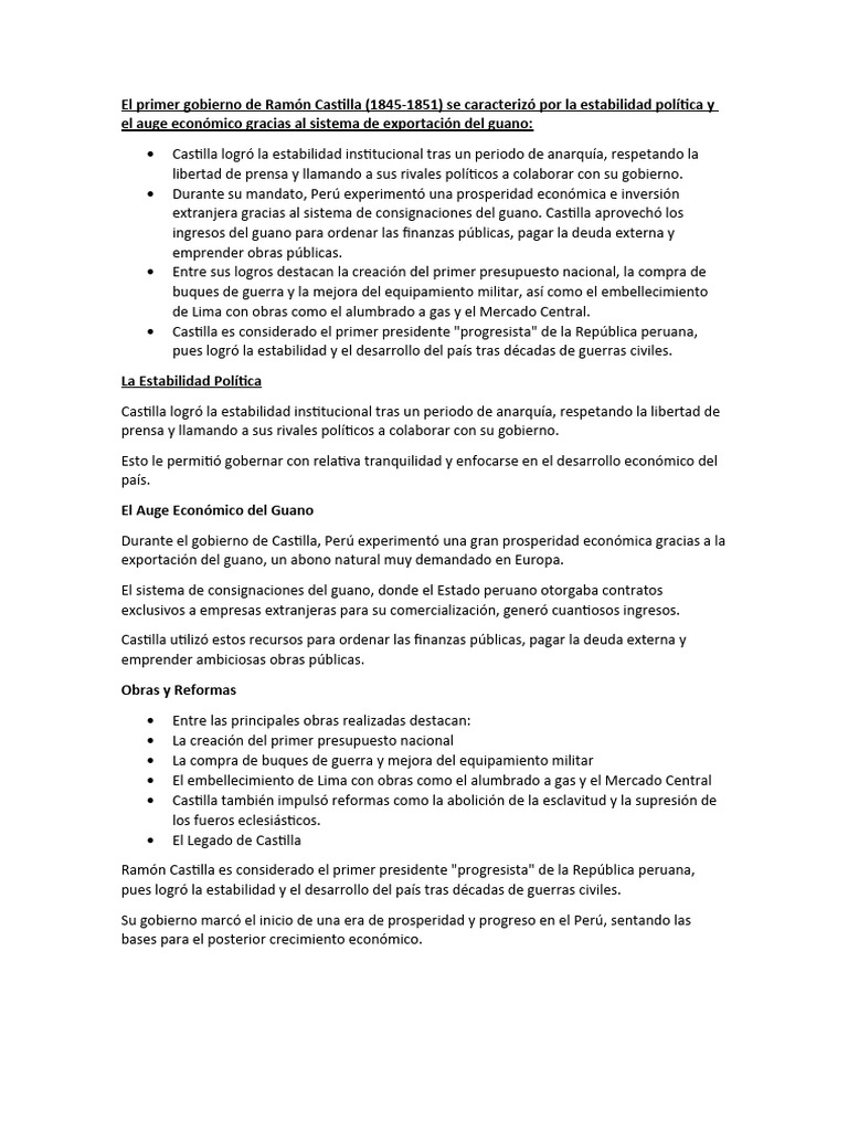 El Primer Gobierno de Ramón Castilla | PDF | Perú | Economias
