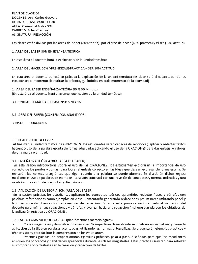 PLAN DE CLASE REDACCIÓN I Dia 6 | PDF | Enseñando | Salón de clases