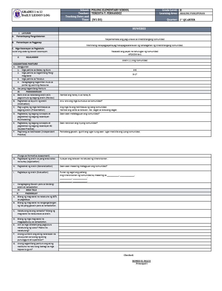 GRADES 1 To 12 Daily Lesson Log: School: Grade Level: Teacher: Learning ...