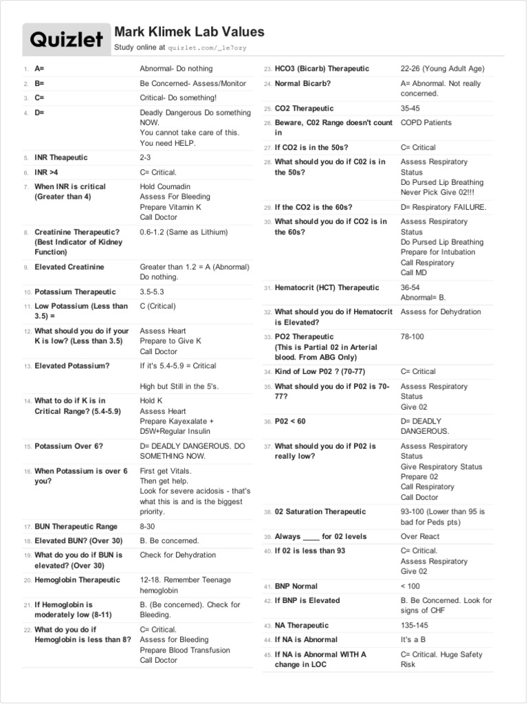 Mark Klimek Lab Values | PDF | Medical Specialties | Clinical Medicine