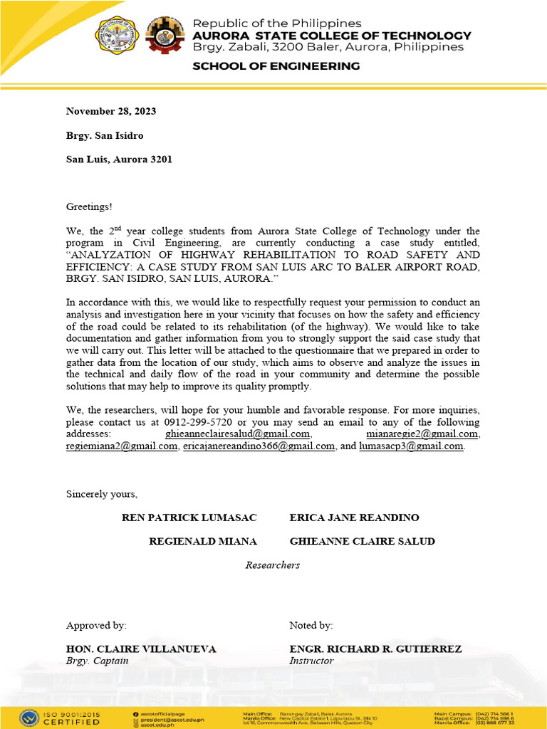 Case Study Request Letter & Questionnaire | PDF | Road