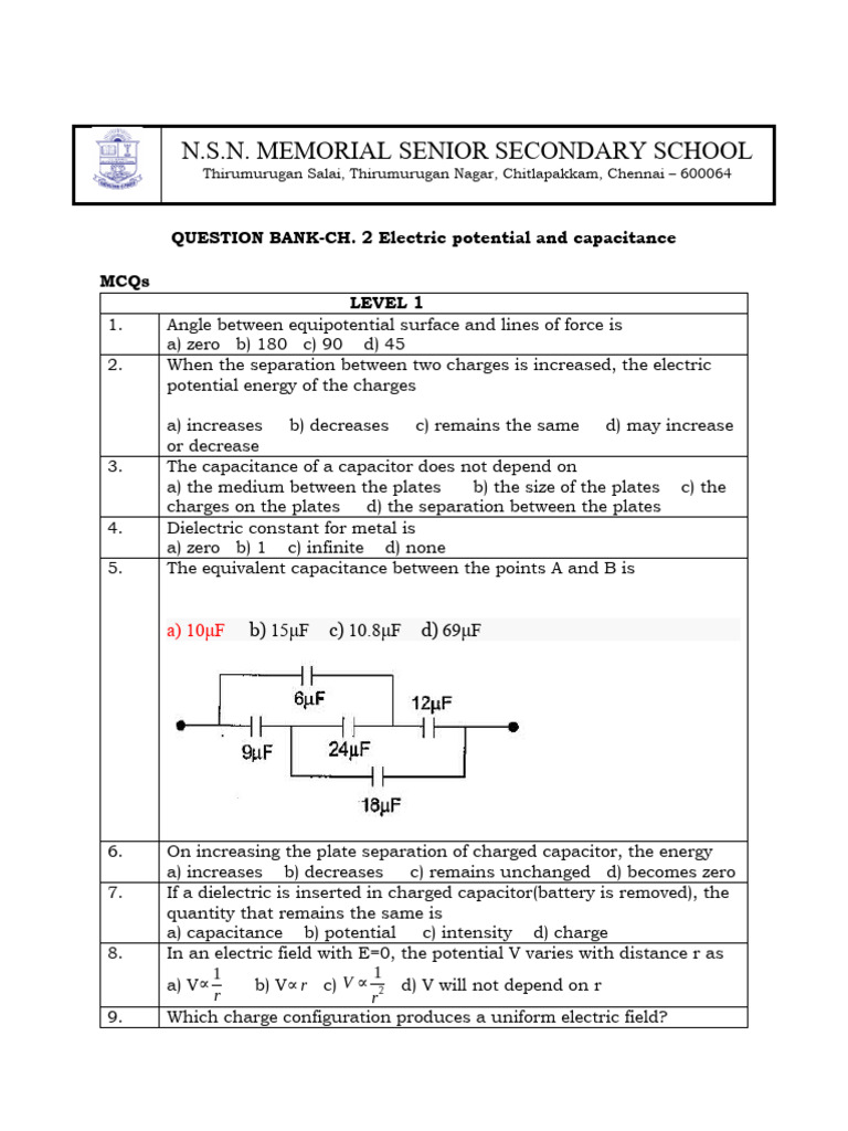 Question Bank-Ch. 2 Electric Potential and Capacitance | PDF ...