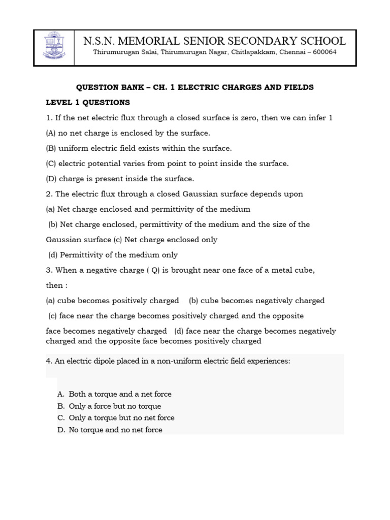Ch. 1 Electric Charges and Field QUESTION BANK | PDF | Electric Field ...