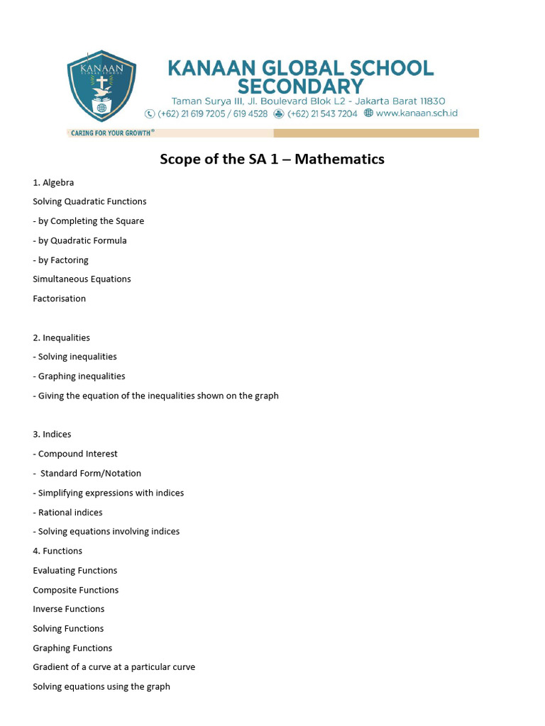 (124.71KB) Scope of The SA 1 - Mathematics | PDF