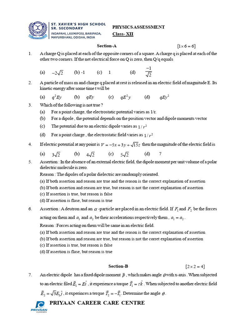 Physics Assessment for Class XII | PDF | Capacitor | Dipole