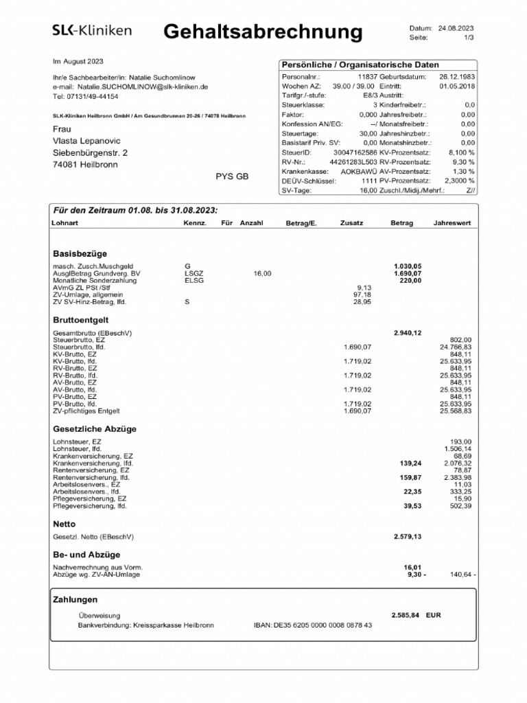 Gehaltsabrechnung 2023-08 | PDF