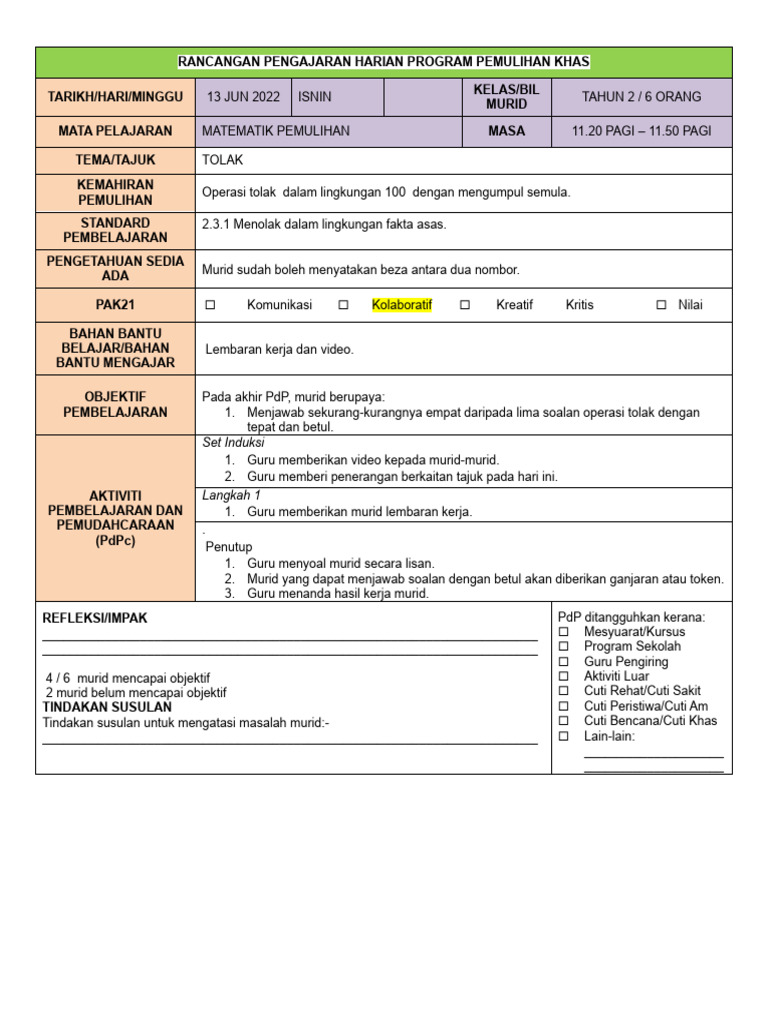 Rancangan Pengajaran Harian Program Pemulihan Khas | PDF
