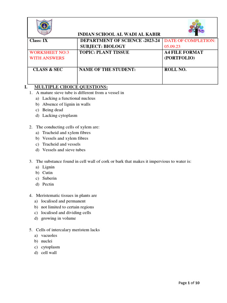 226309-Class 9 - Science - Bio - Plant Tissue - Ws With Ans. - Ranjana | PDF | Tissue (Biology ...