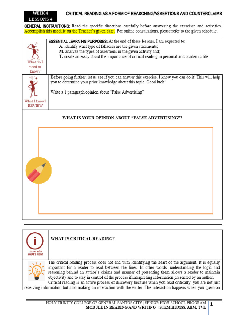 Week 4 Reading and Writing Critical Reading As A Form of Reasoning ...