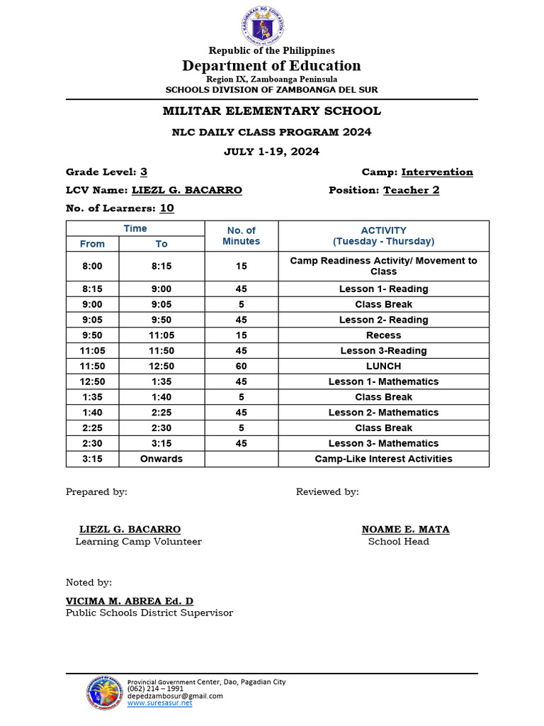 NLC Daily Class Program Elem | PDF | Learning | Behavior Modification
