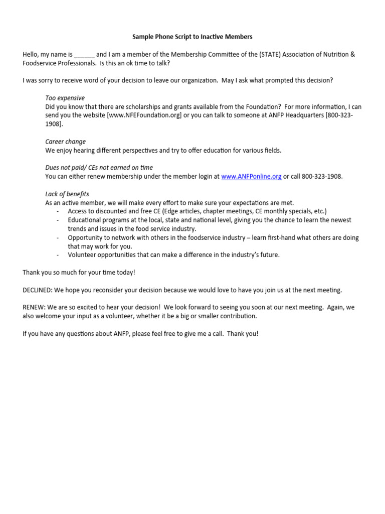 Inactive Member Sample Phone Script | PDF | Career & Growth | Business