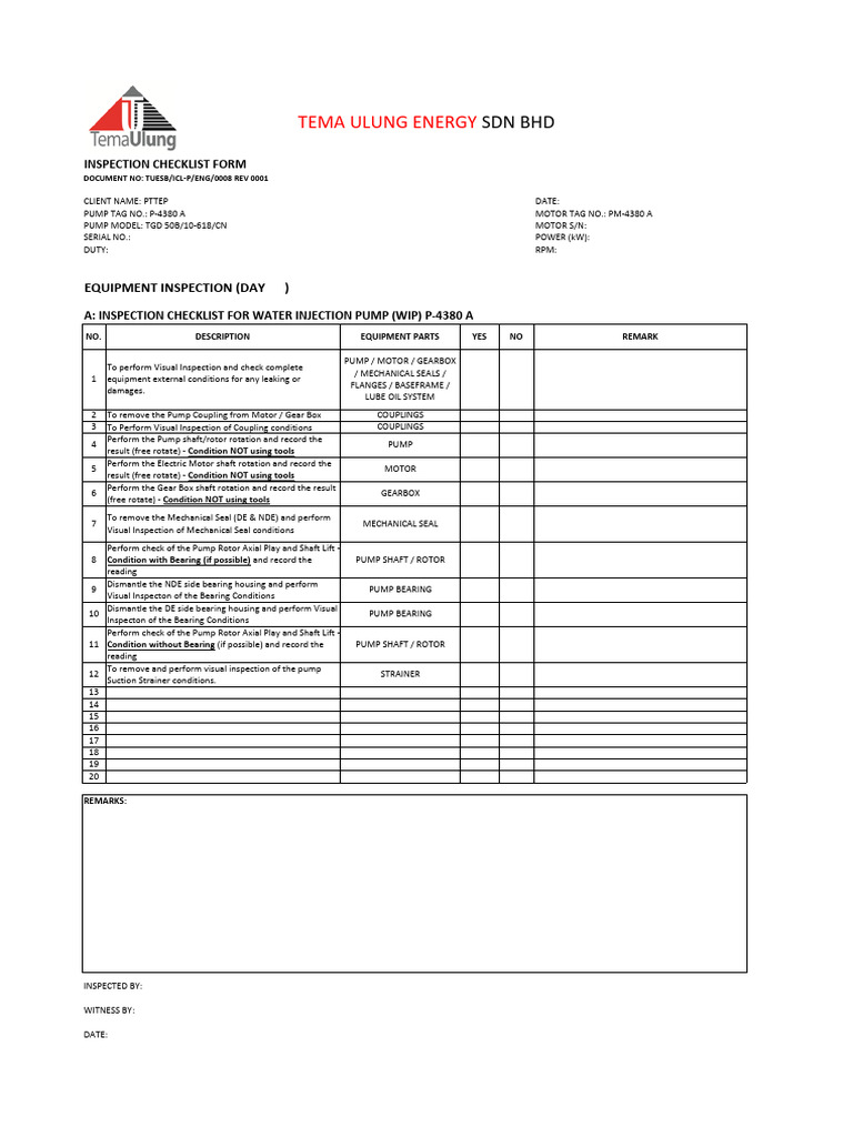 Tuesb Inspection Checklist Form Wip A Doc 0008 Rev 0001 | PDF | Pump ...