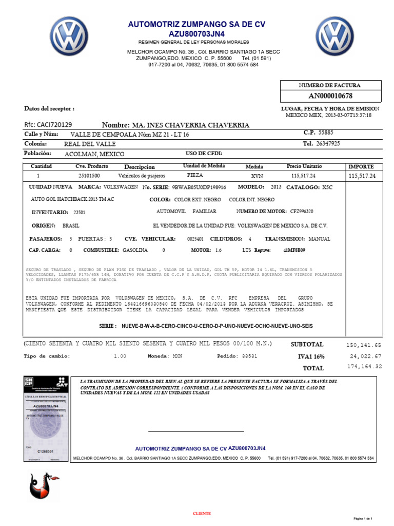Factura Volkswa | PDF | Volkswagen | Vehículos con tracción delantera