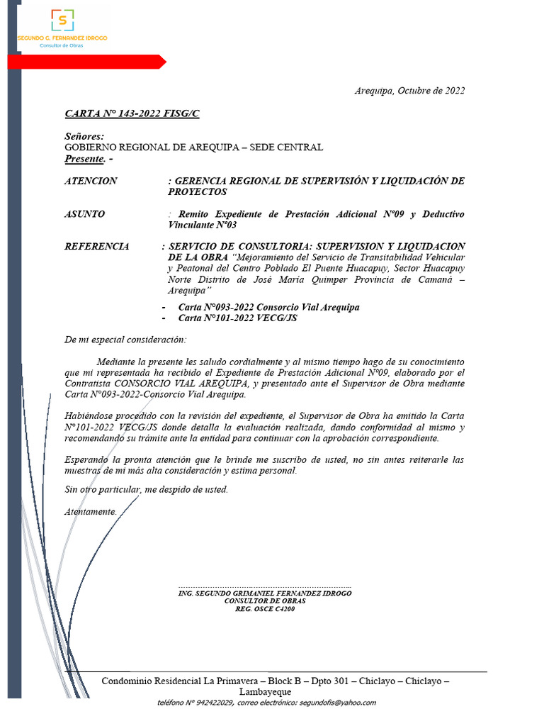 CARTA N 143-2022 FISG Modelo de Aprobacion de Adicional de Obra Super ... CARTA N 143-2022 FISG Modelo de Aprobacion de Adicional de Obra Super ...