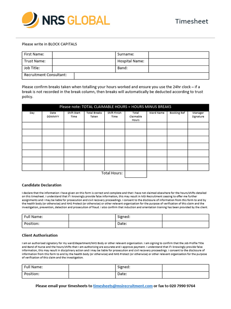 NRS Timesheet and Quality Assurance Form - 030723 | PDF | National ...