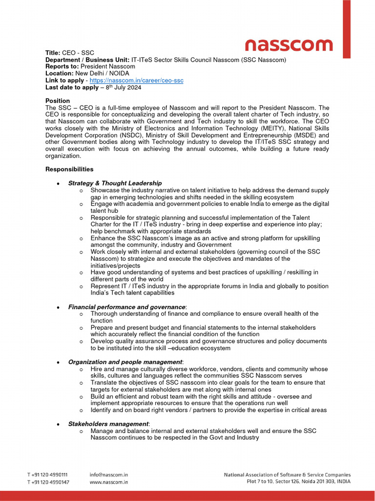 CEO Position at IT-ITeS SSC Nasscom | PDF | Outsourcing | Governance