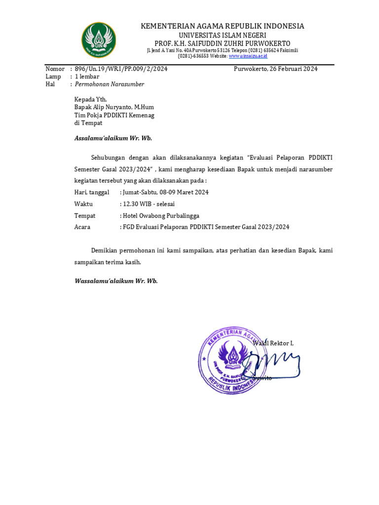 Surat Permohonan Narasumber FGD Pddikti Maret 2024 | PDF