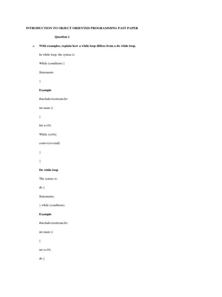 Introduction To Object Oriented Programming Past Paper Pdf Control