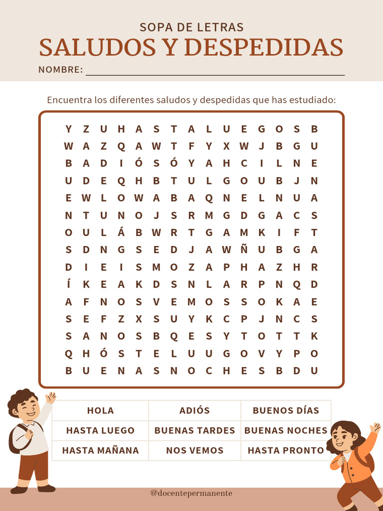 Sopa de Letras - Saludos y Despedidas - Docentepermanente | PDF