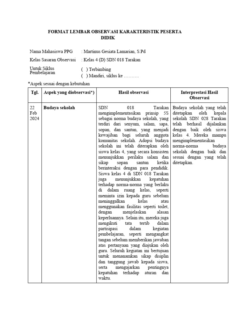 LK Observasi Karakteristik Siswa - FIX | PDF
