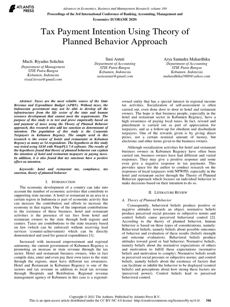 Solichin-2020-Tax Payment Intention Using Theory of Planned Behavior Approach | PDF | Intention ...