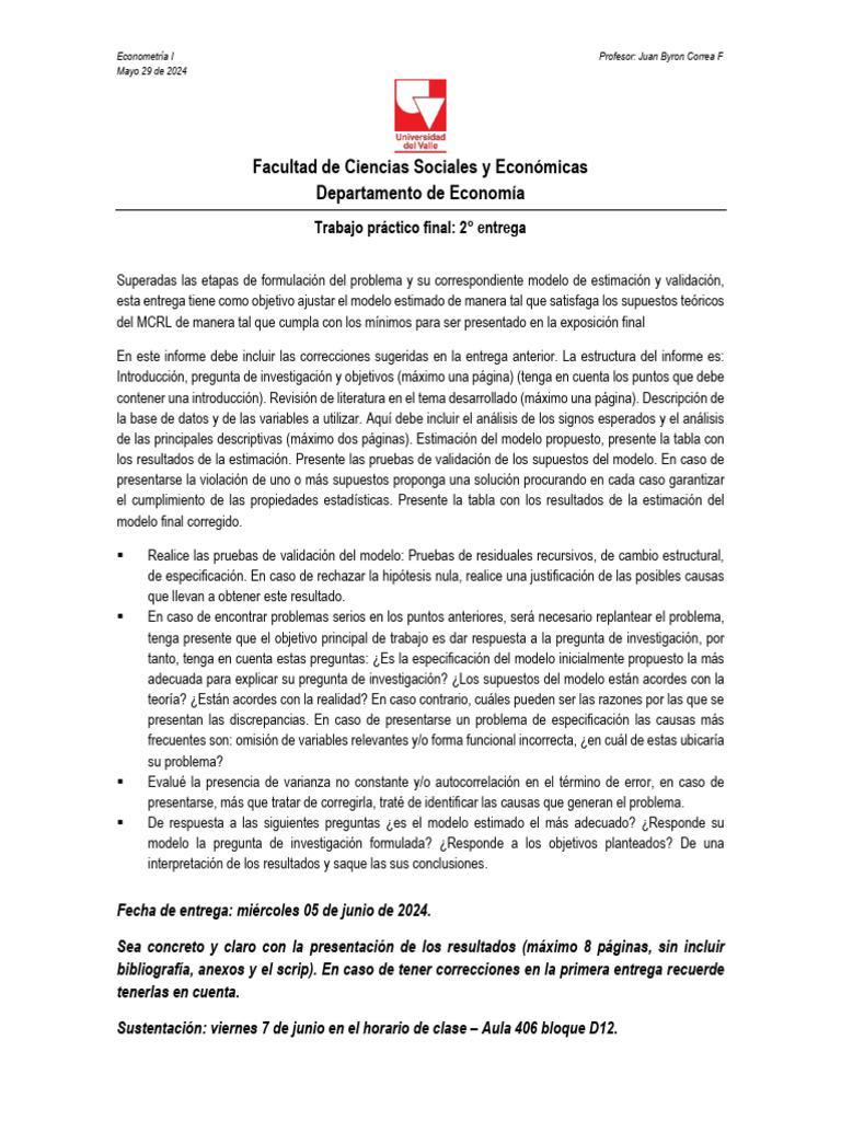 Entrega N°2 - Trabajo Final Econometria I Sem I-2024 | PDF | Econometría | Método científico