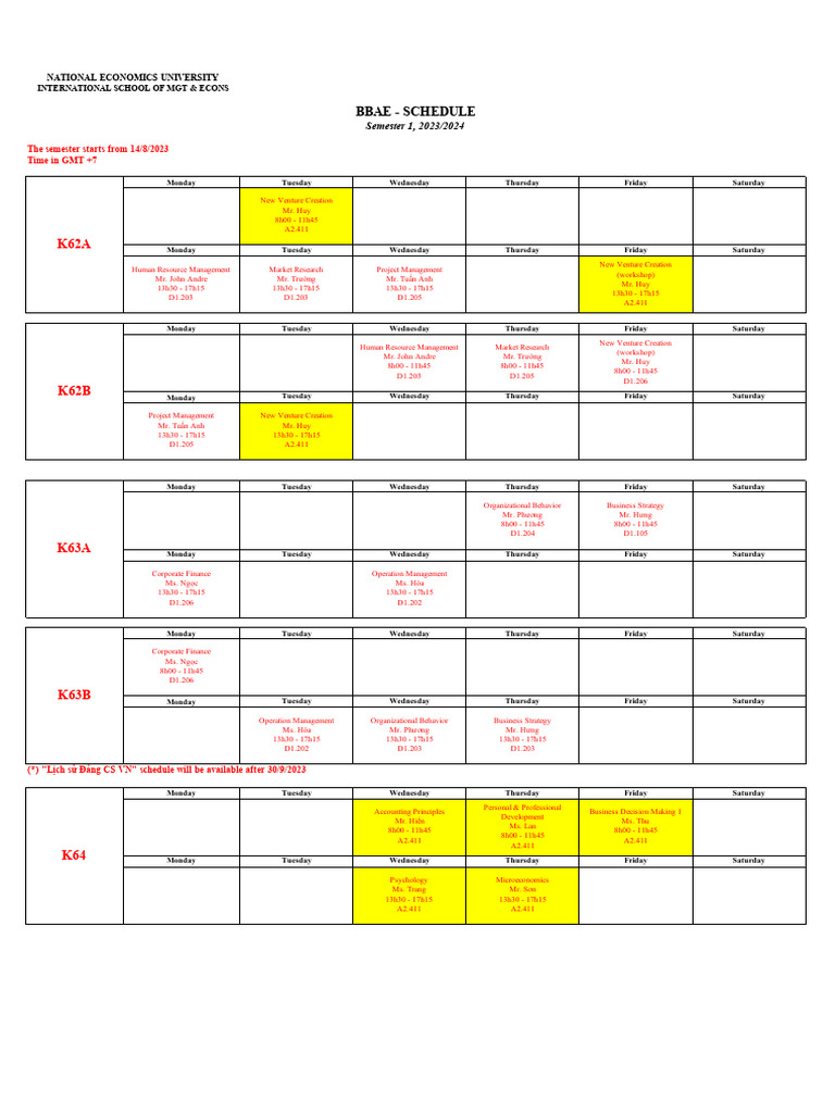 BBAE Semester 1 Schedule 2023/2024 | PDF | Economics | Business Economics