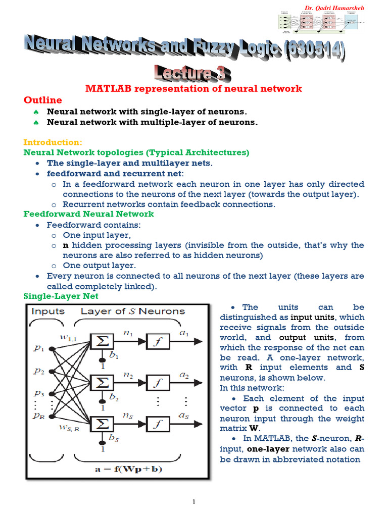 Lecture 3 Matlab Representation Of Neural Network Pdf Artificial