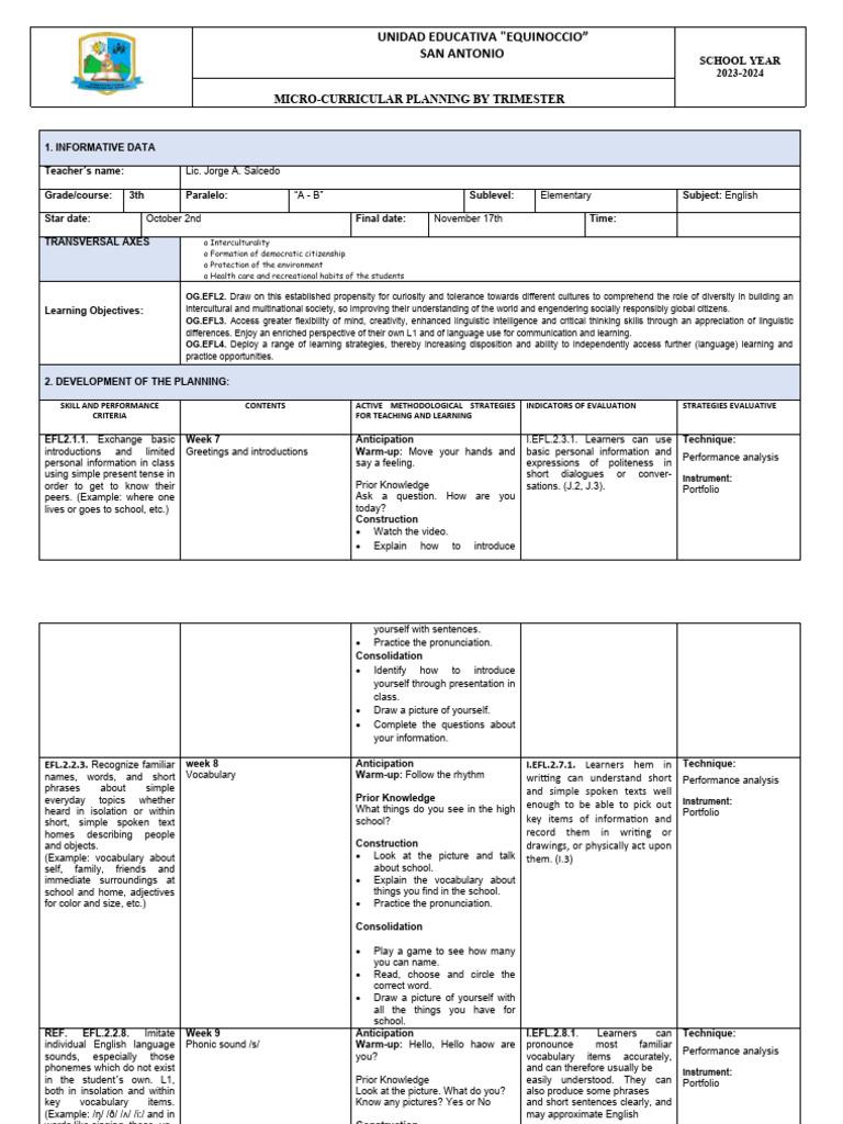 JORGE - PLANIFICACION MICROCURRICULAR 4to EGB 2023 - 2024 | PDF | English As A Second Or Foreign ...