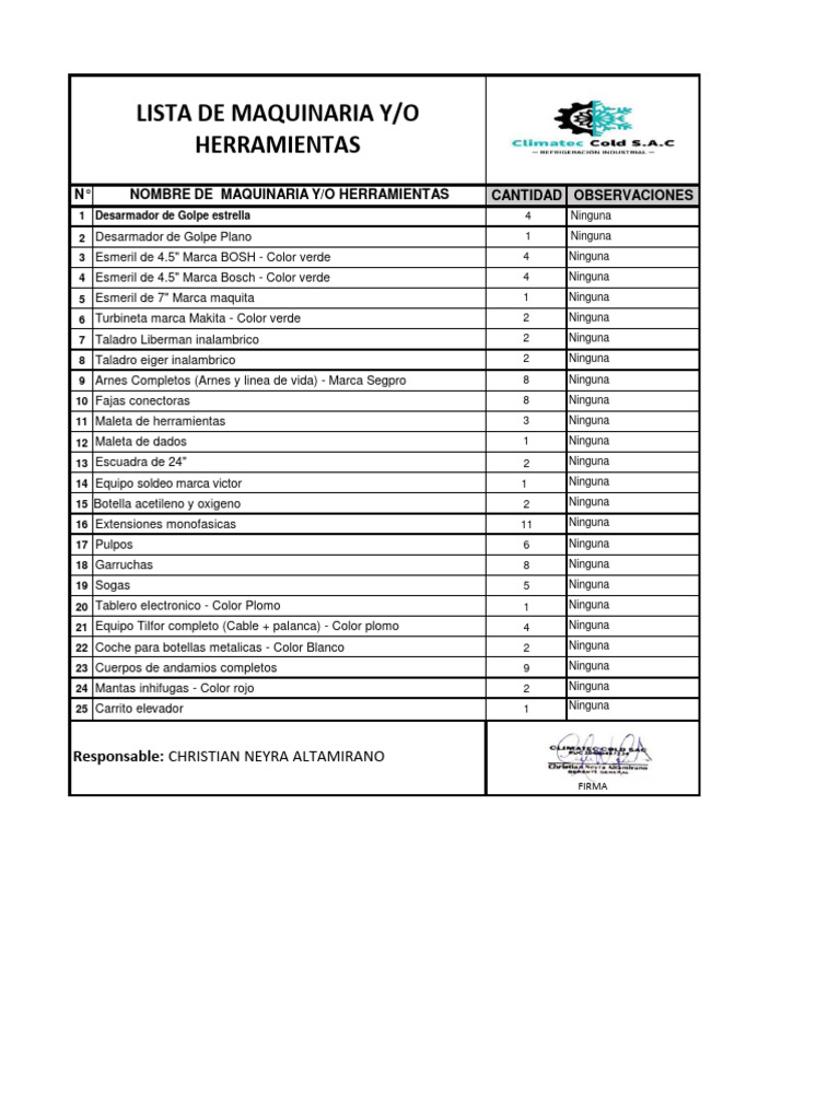 Lista de Equipos y Herramientas - Climatec Cold Sac | PDF